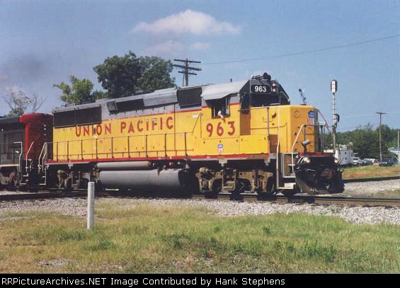 UP 963 on CSXT Q614 in Opelika, AL in the early 1990s. Mixed CSX, UP and SP power was typical on ...